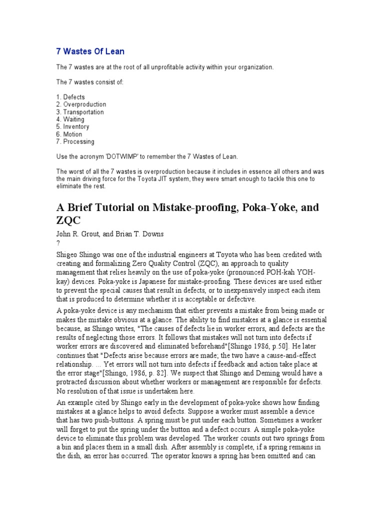 A Brief Tutorial On Mistake-Proofing, Poka-Yoke, and ZQC: 7 Wastes of ...