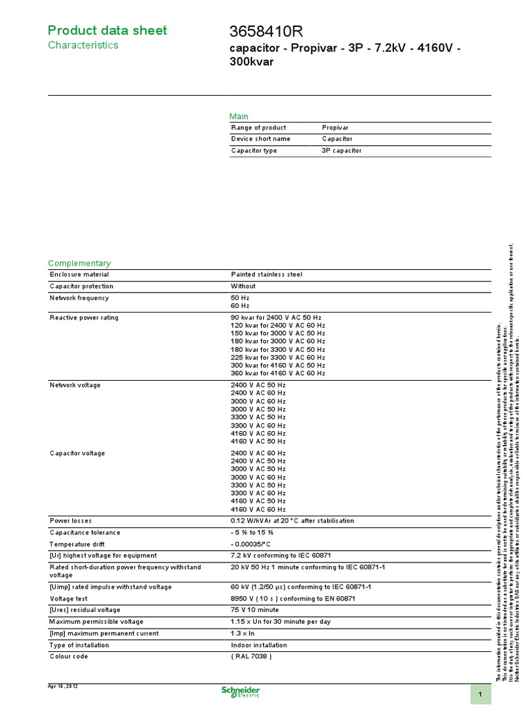Product Data Sheet: Capacitor - Propivar - 3P - 7.2kV - 4160V - 300kvar ...