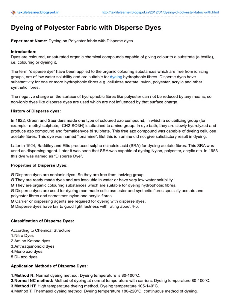 Dyeing of Polyester Fabric With Disperse Dyes | PDF | Dye | Dyeing