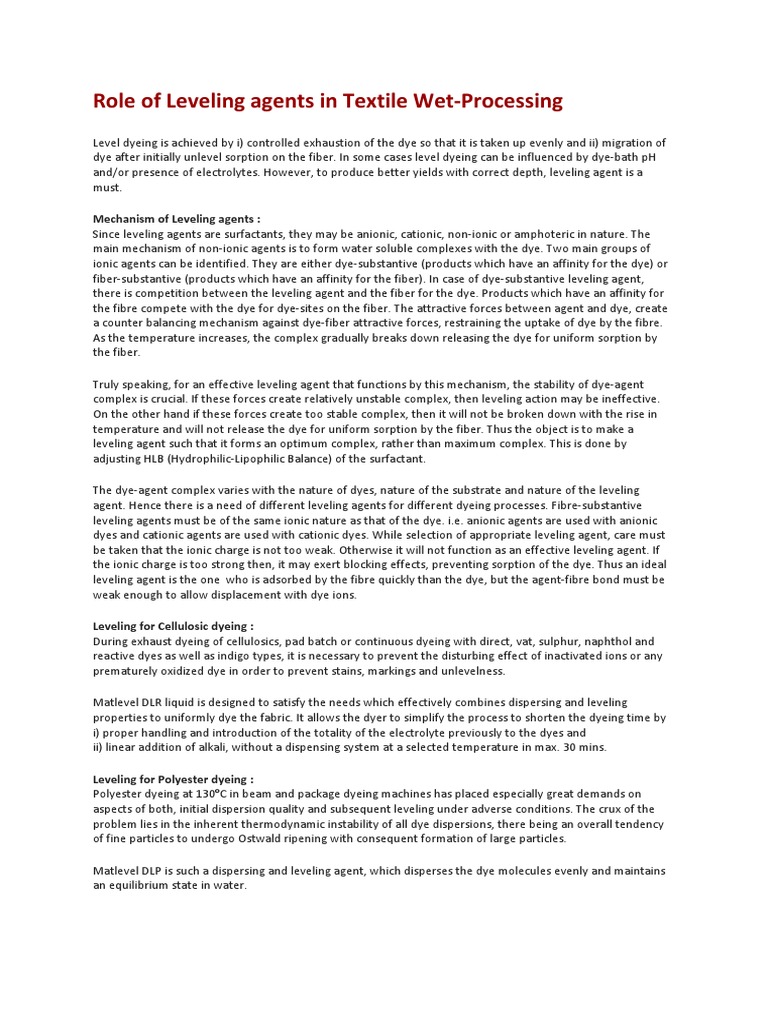 Leveling Agents in Textile Wet | PDF | Dye | Dyeing