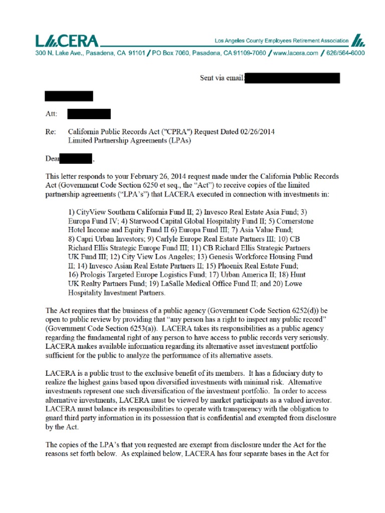 LACERA Public Records Act Request Response, 3/19/14 | Trade Secret ...