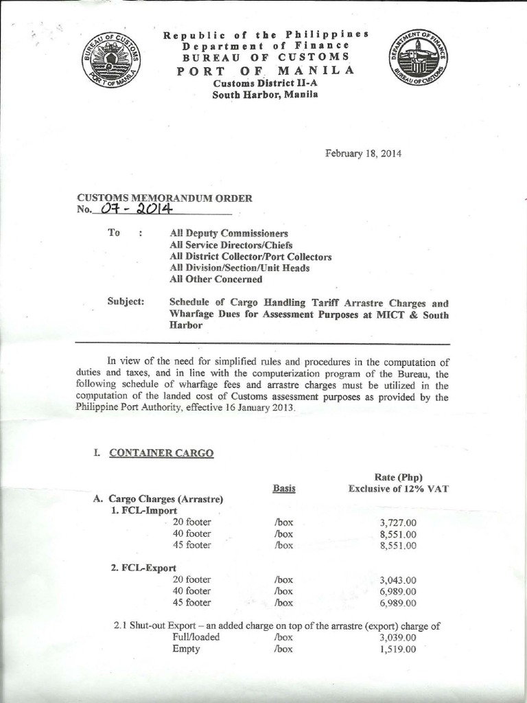 BOC Customs Memorandum Order 7-2014