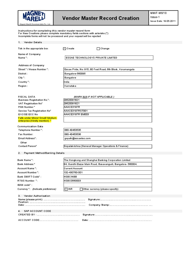 Instructions For Completing This Vendor Master Record Form | PDF ...