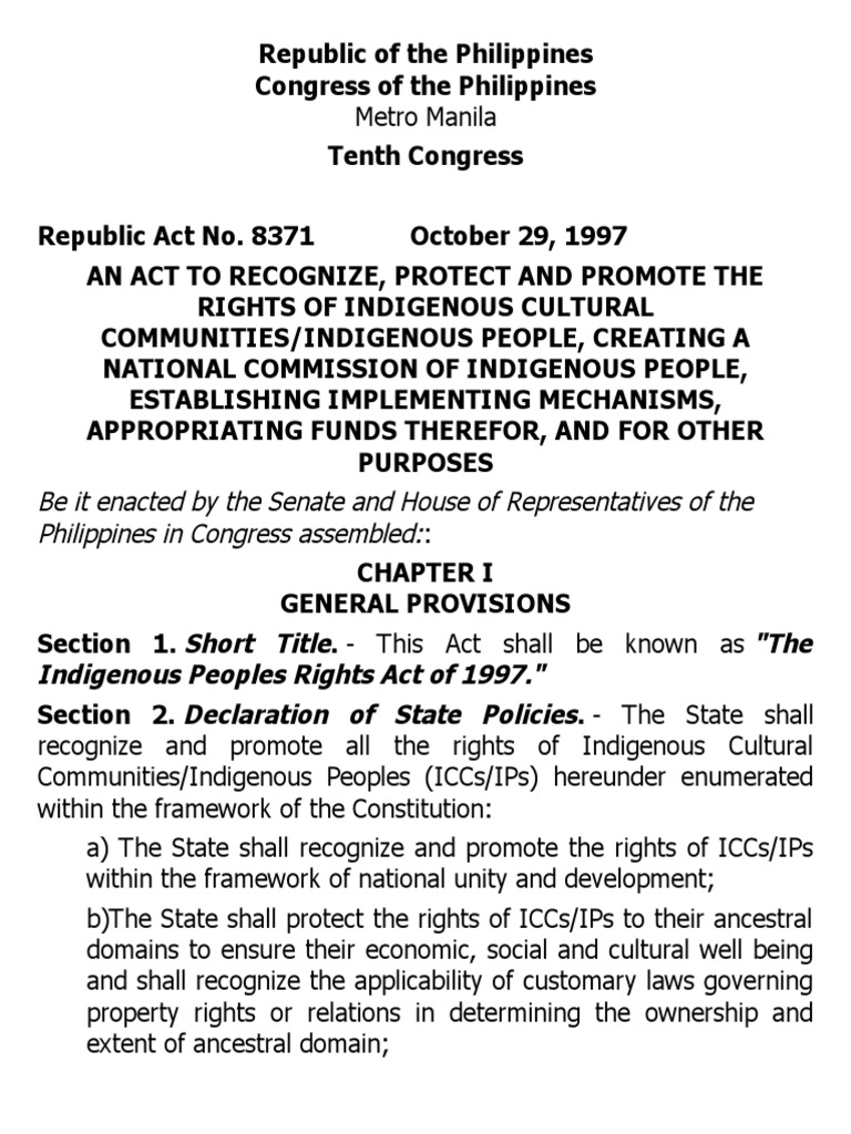 i. a. Ra 8371 the Indigenous Peoples Rights Act of 1997 | Human Rights ...