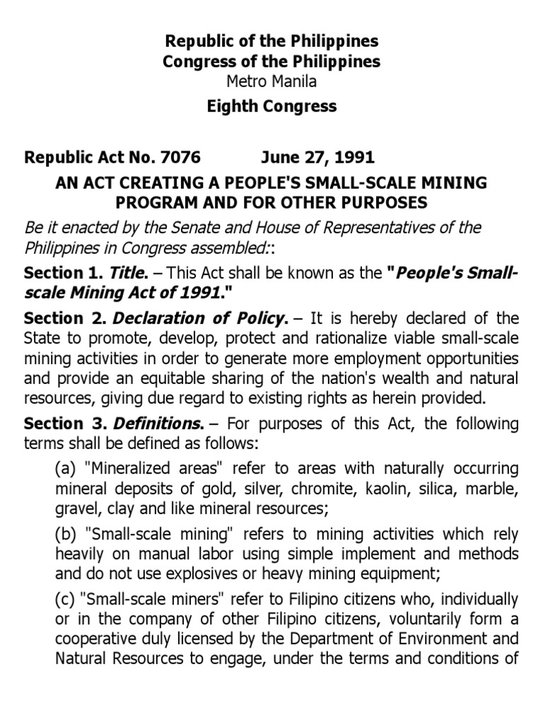 I. Ra 7076 People's Small Scale Mining Act of 1991 | PDF | Royalty ...