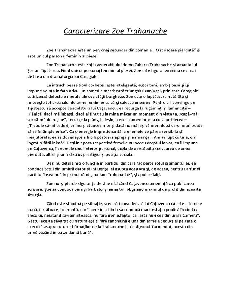 O Scrisoare Pierduta - Caracterizare Zoe Trahanache | PDF