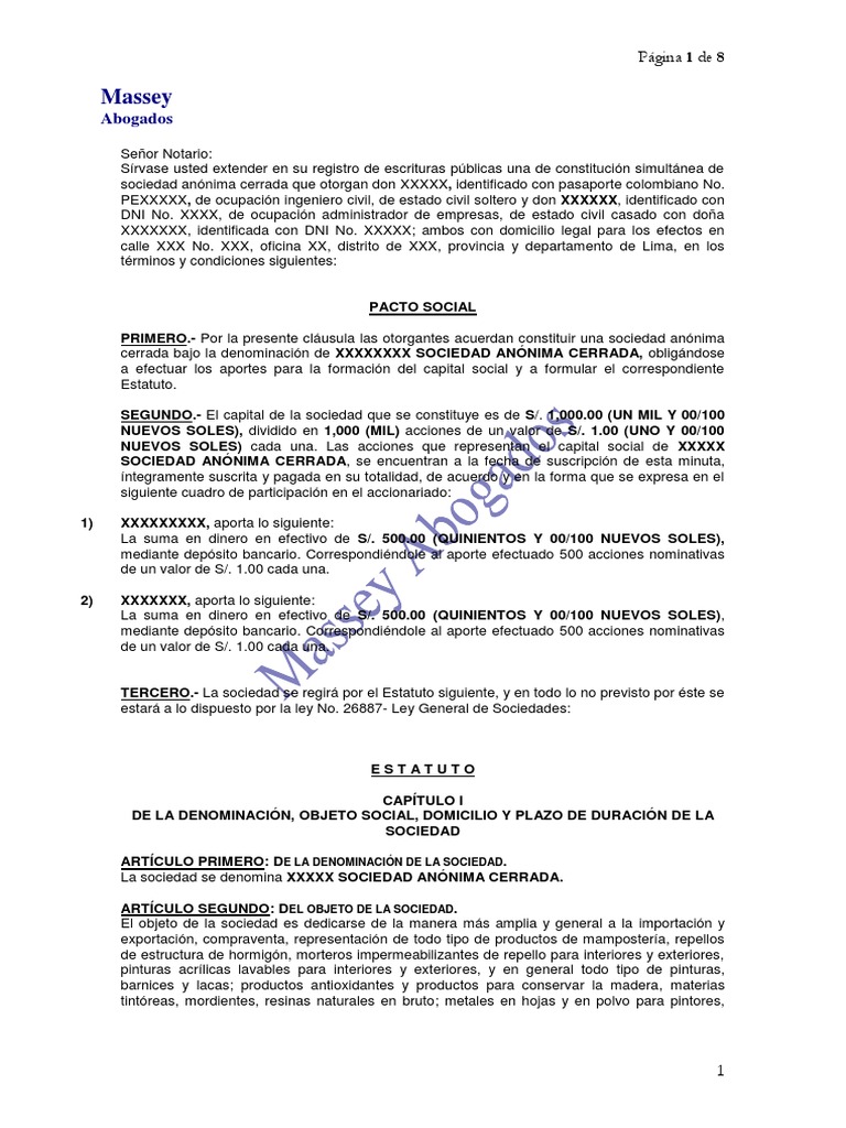 Modelo de Minuta de Constitución de Empresa - Sac | PDF | Compartir (Finanzas) | Conceptos legales