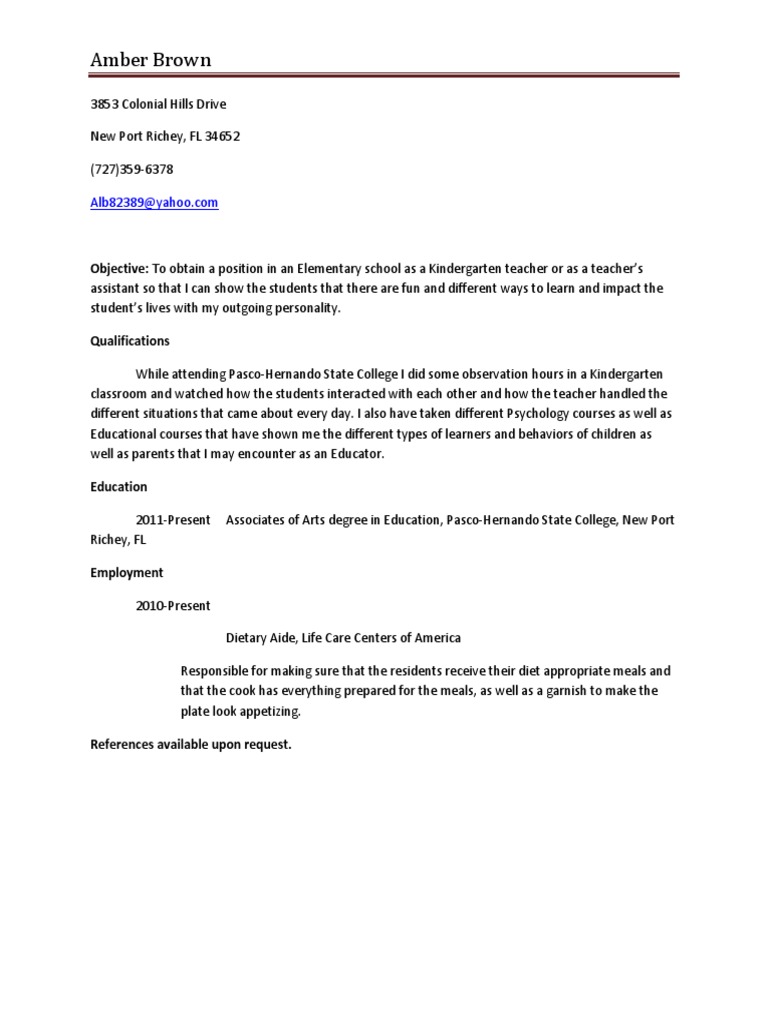 Kindergarten Teacher Resume of Amber Brown | PDF