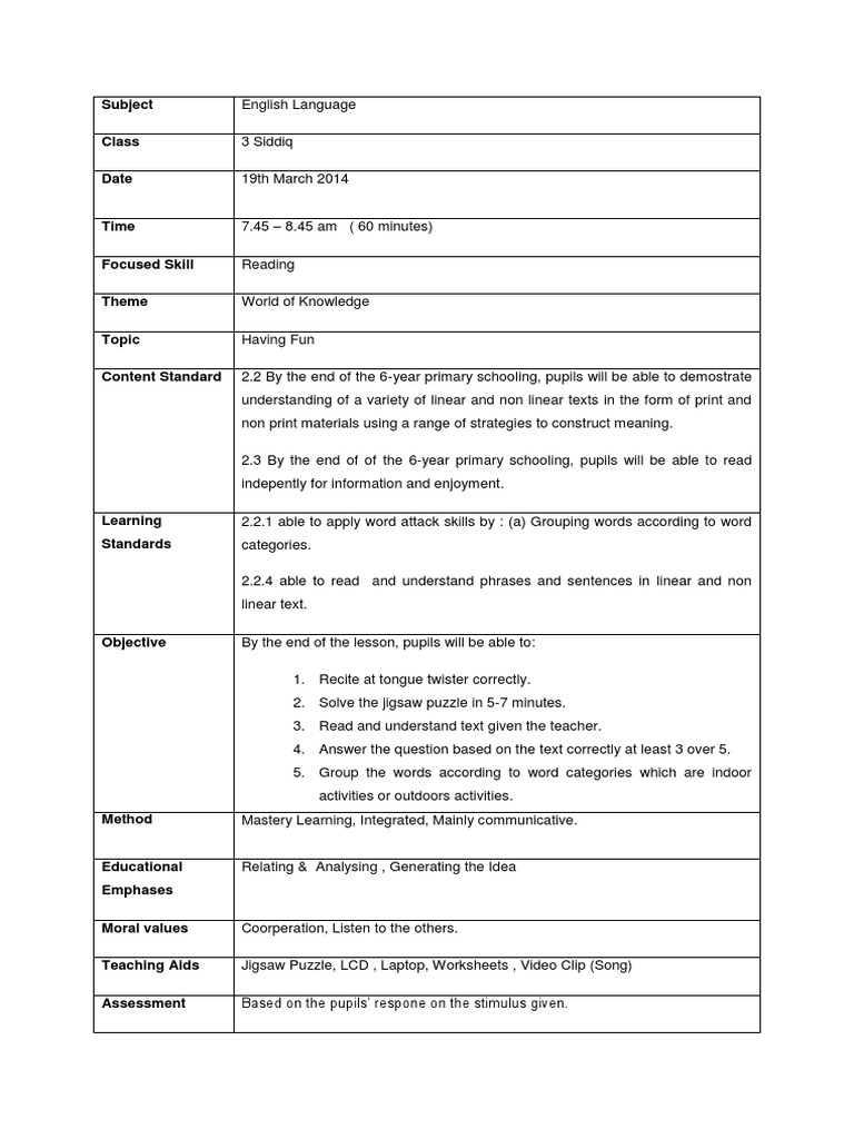 English Year 3 Lesson Plan | PDF | Reading (Process) | Lesson Plan
