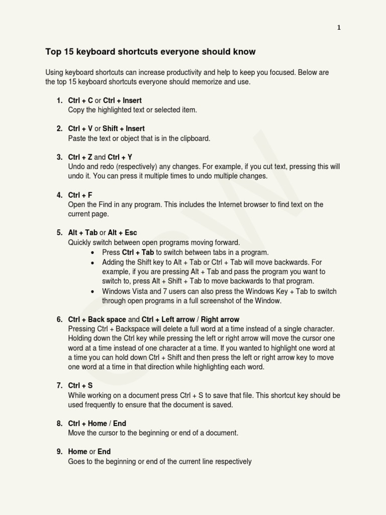 15 Keyboard Shortcuts | PDF | Control Key | Keyboard Shortcut