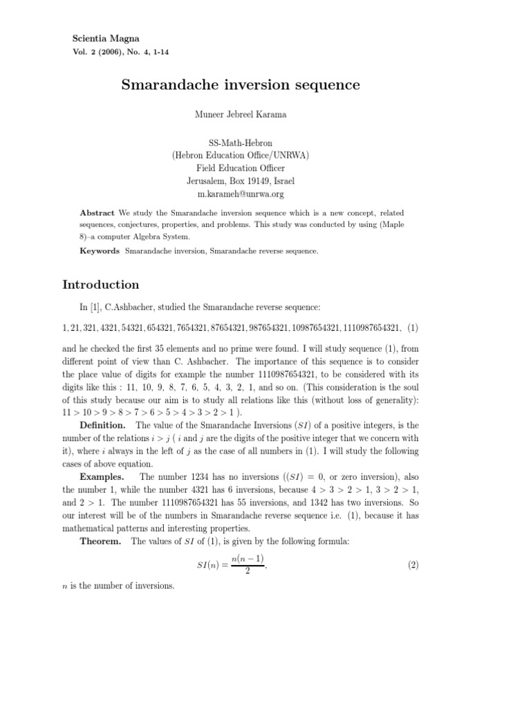 Smarandache Inversion Sequence: Vol. 2 (2006), No. 4, 1-14 | PDF | Sequence | Theorem