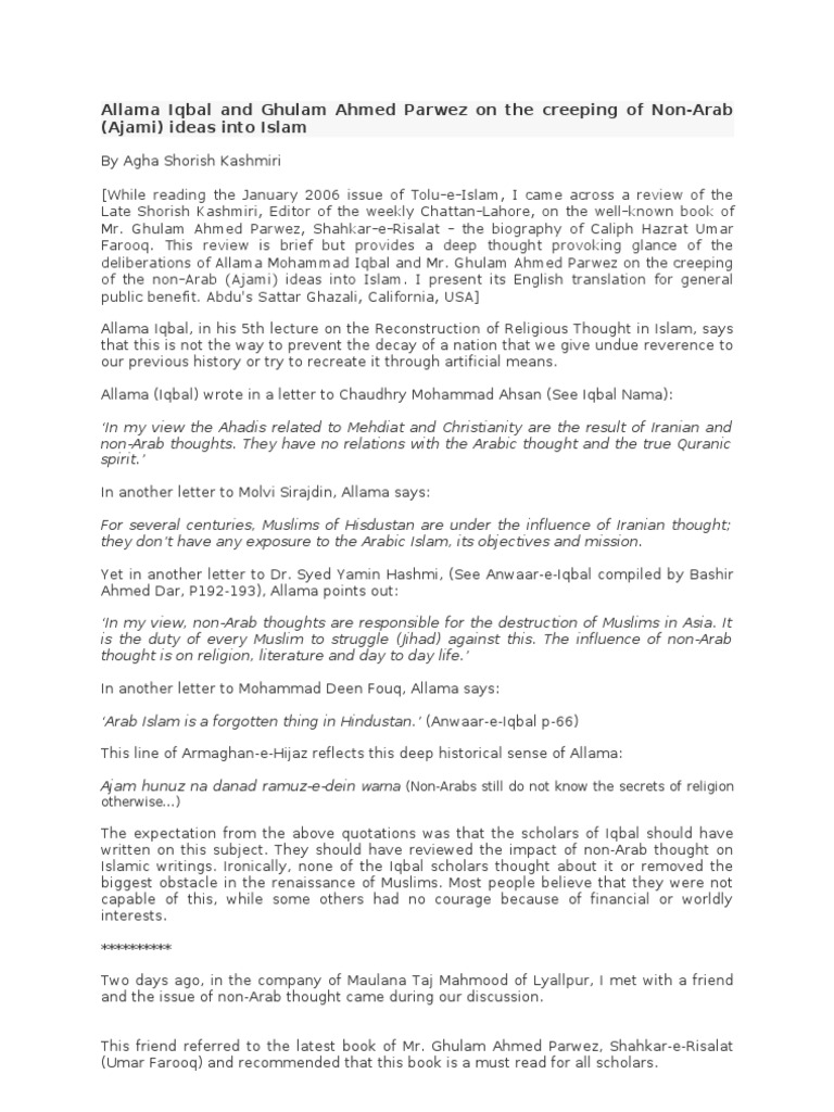 Allama Iqbal and Ghulam Ahmed Parwez On The Creeping of Non-Arab Ideas ...