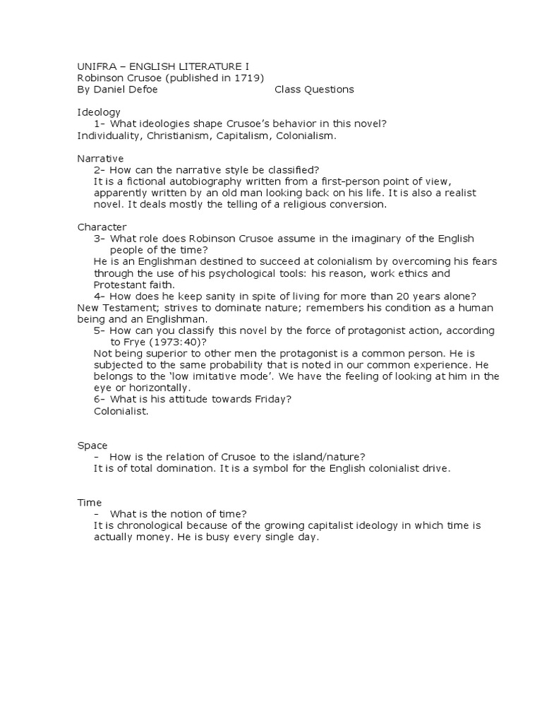 Questions Robinson Crusoe Teacher | PDF | Robinson Crusoe | Narration