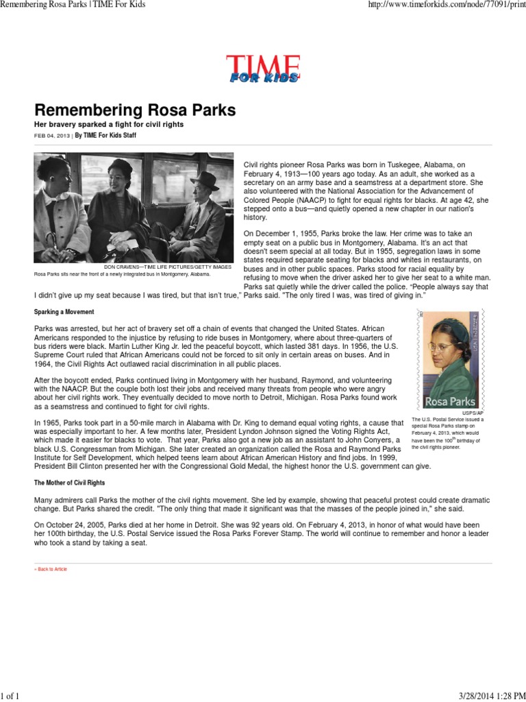 Remembering Rosa Parks Time For Kids | PDF | Rosa Parks | African ...