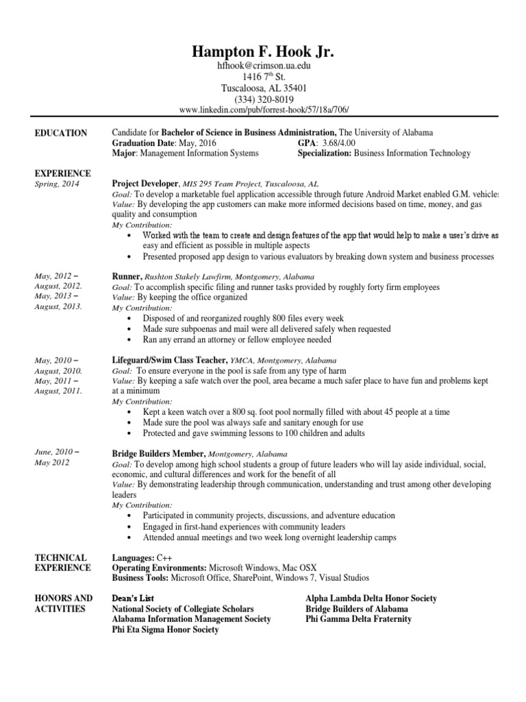 Hook Resume | PDF | University Of Alabama | Management Information System