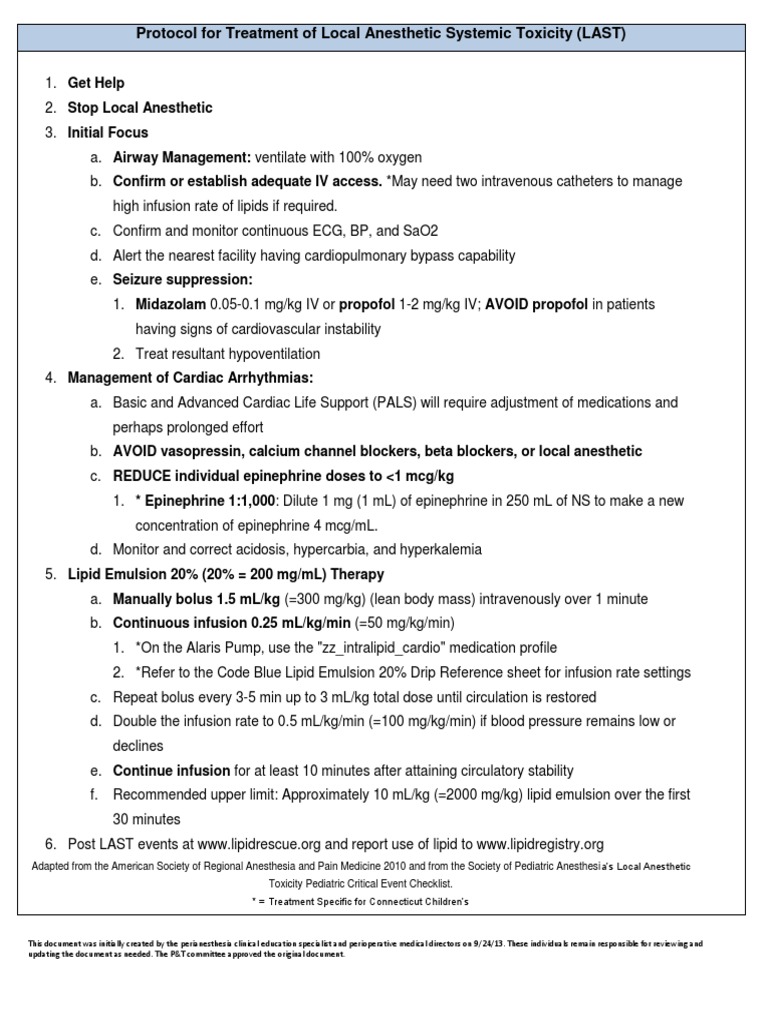 LAST Protocol for Local Anesthetic Toxicity | PDF