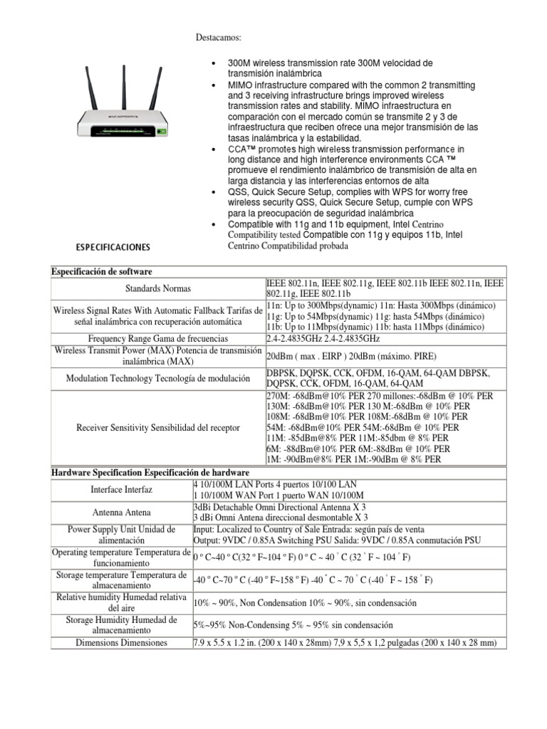 Especificaciones Router | PDF | Ieee 802.11 | Dirección IP