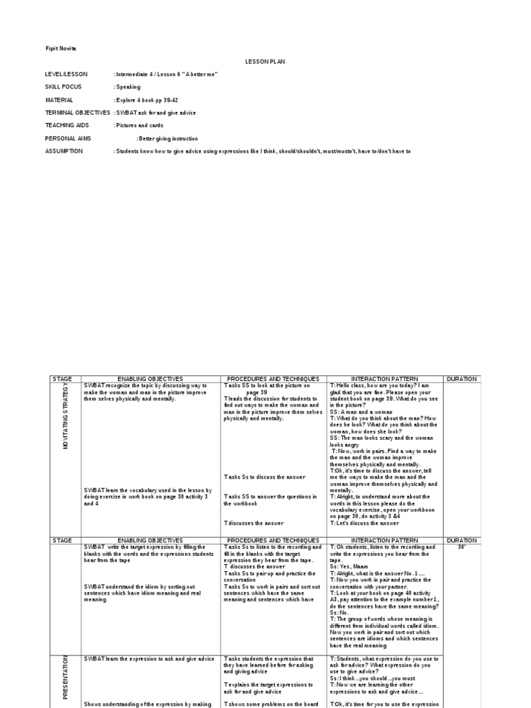 LESSON PLAN Intermediate 4 Lesson 6 | PDF