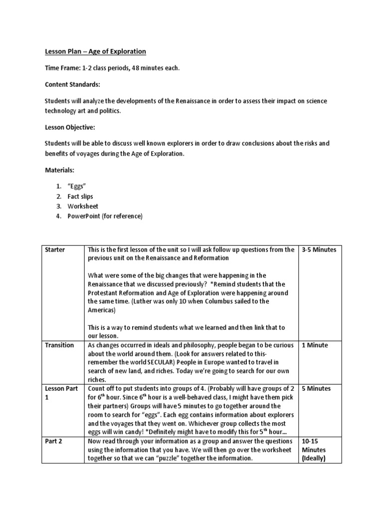 Age of Exploration Lesson Plan | PDF | Age Of Discovery | Christopher ...