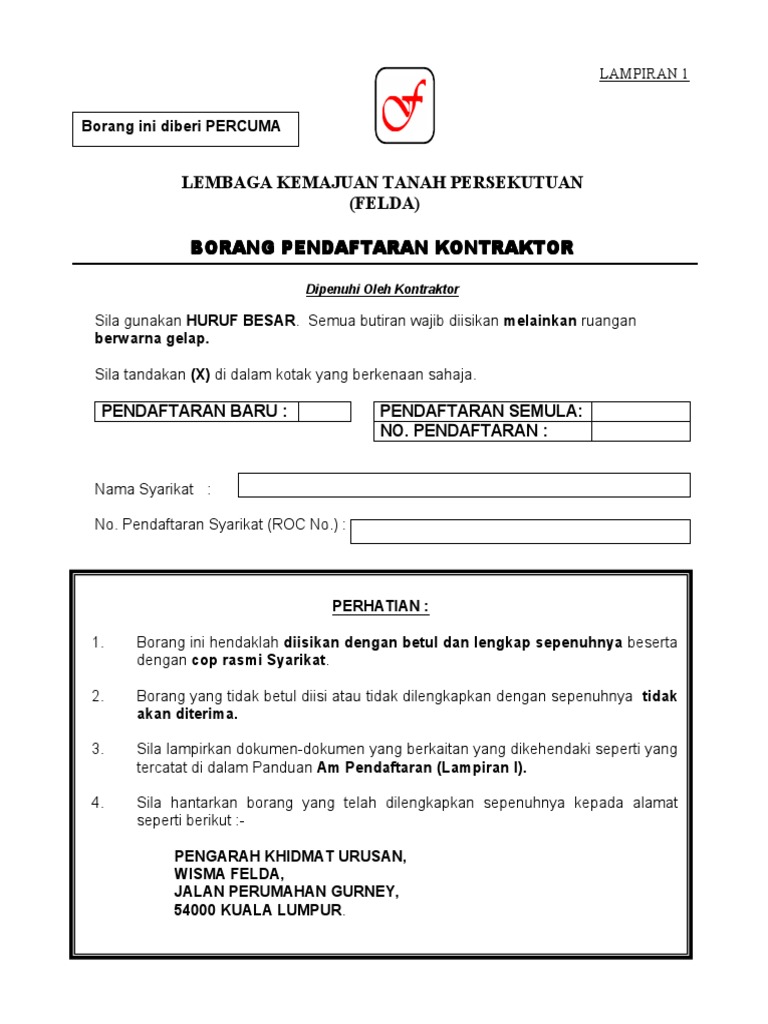 Borang Pendaftaran Kontraktor MOF | PDF
