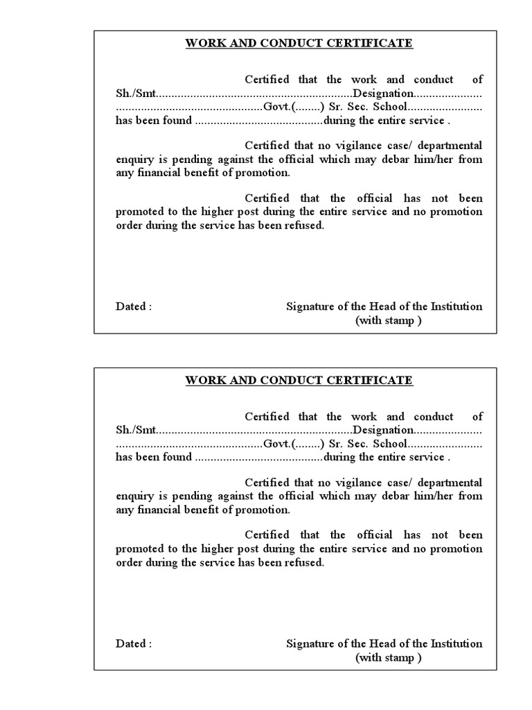 Work & Conduct Certificate | PDF