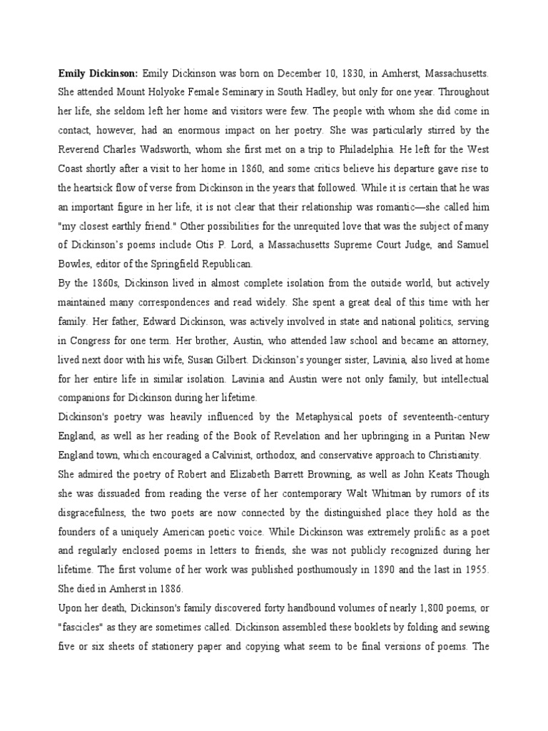 Emily Dickinson Poem Poetry American Biography Analysis of Poem | PDF ...