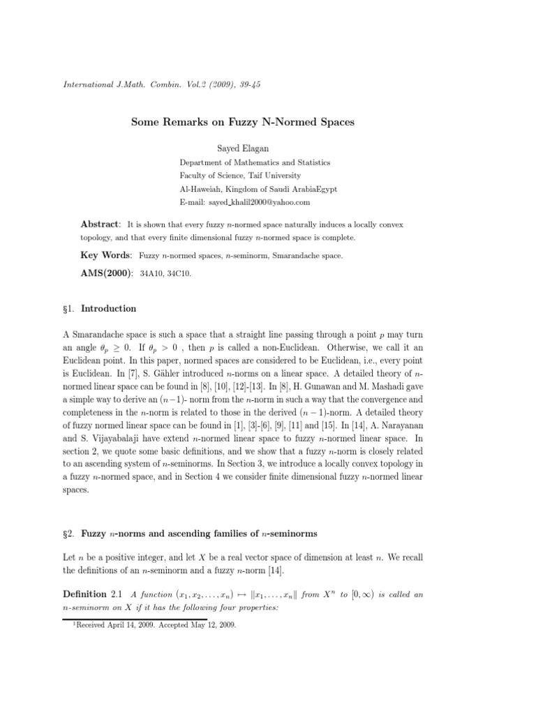Some Remarks On Fuzzy N-Normed Spaces | PDF | Sequence | Mathematical Structures