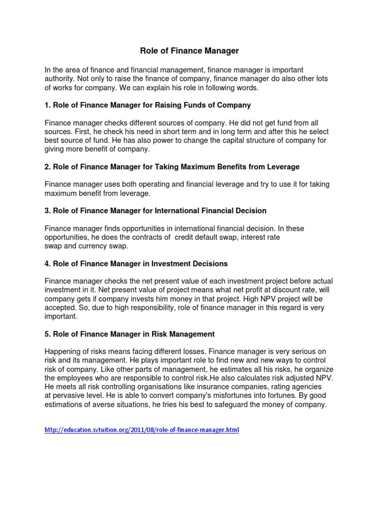 Roles and Responsibilities of Finance Manager | PDF | Net Present Value ...