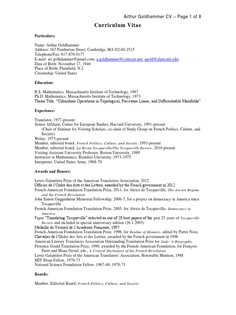 Arthur Goldhammer CV | PDF | Alexis De Tocqueville | Democracy In America
