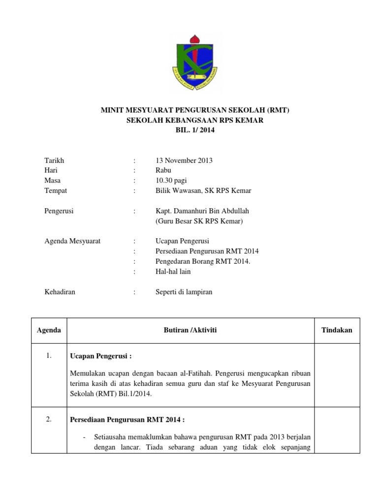 Minit Mesyuarat RMT Bil 1