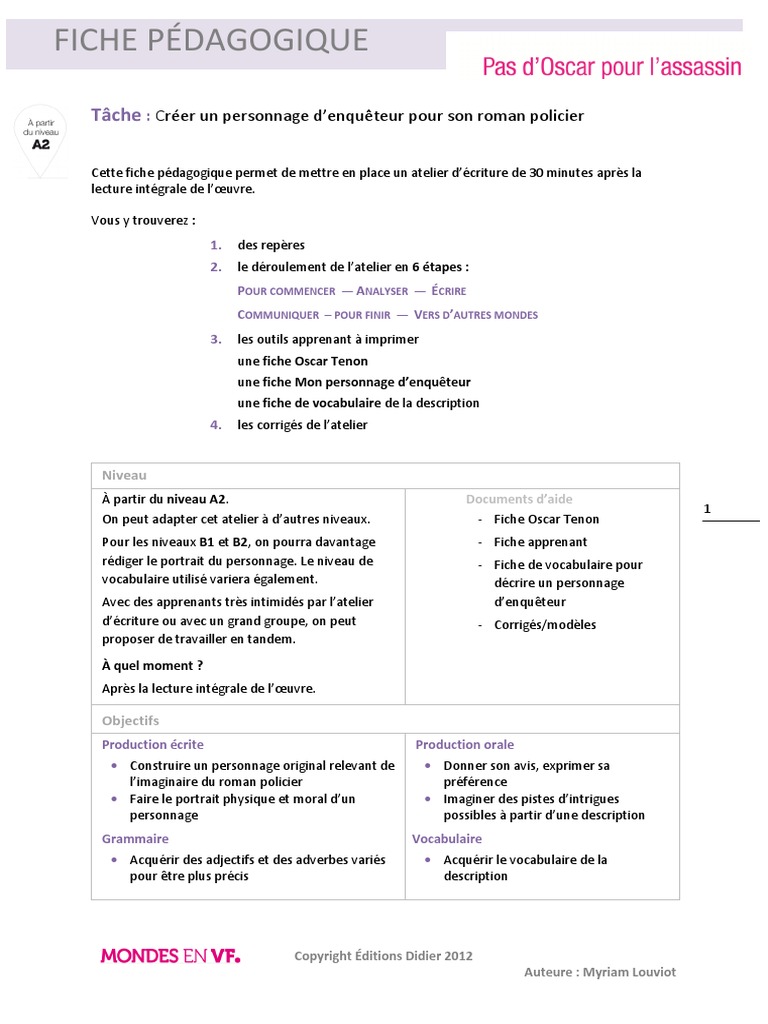 02 Fiche Pedagogique Creer Un Personnage D'enqueteur Pour Un Roman ...