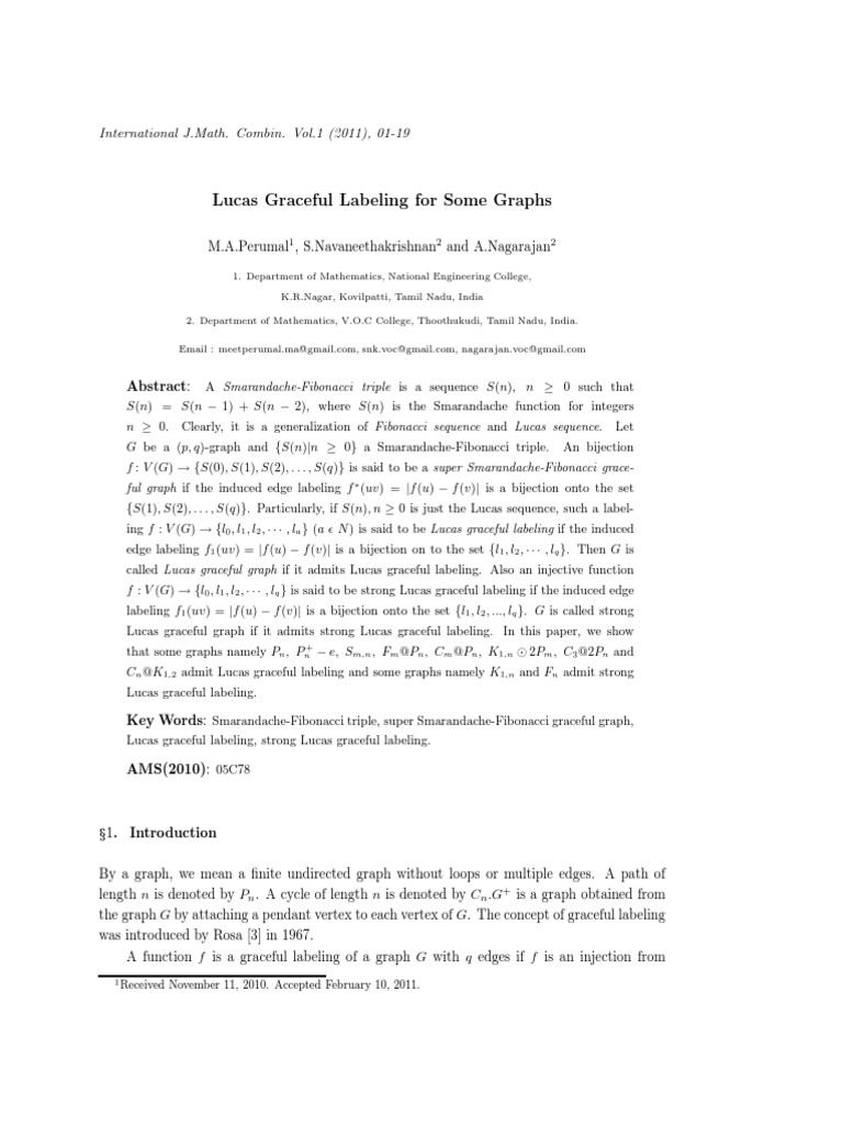 Lucas Graceful Labeling For Some Graphs | PDF | Vertex (Graph Theory) | Combinatorics