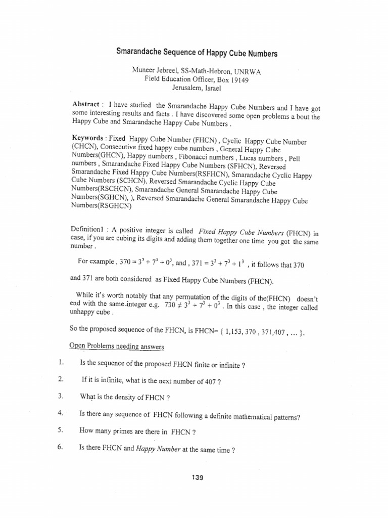 Smarandache Sequence of Happy Cube Numbers | PDF | Sequence | Prime Number