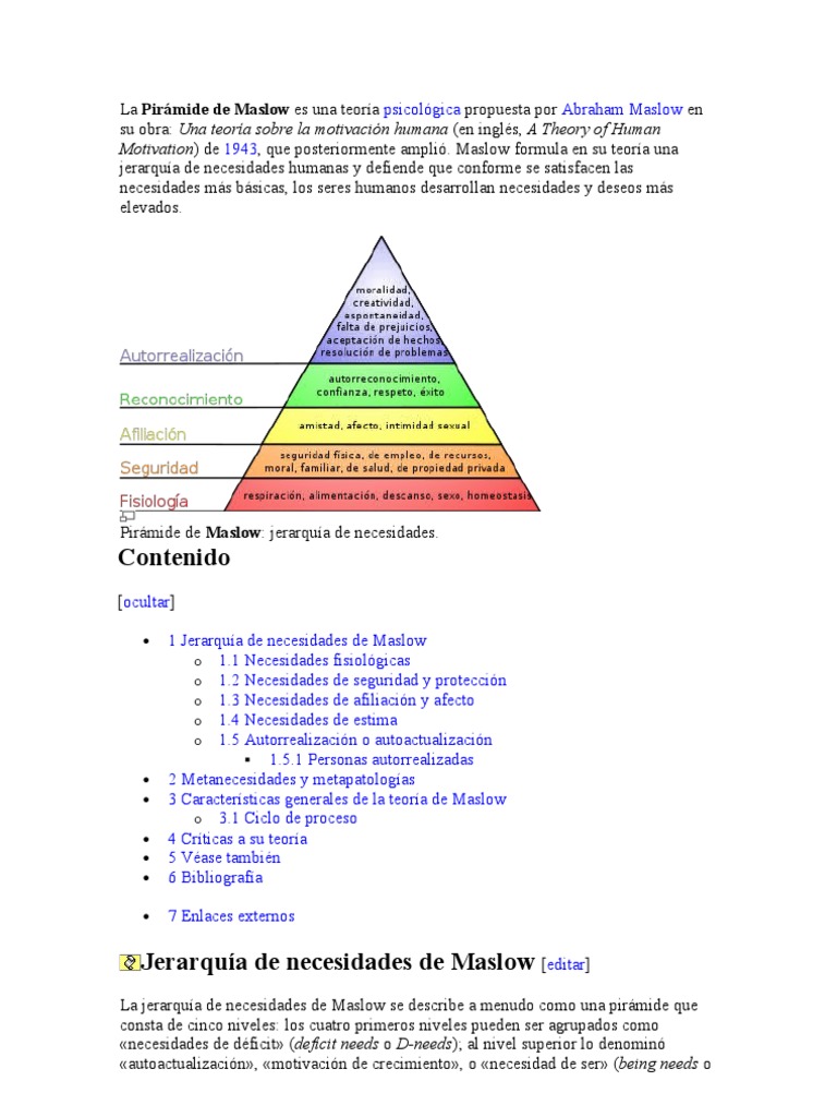 La Pirámide de Maslow Es Una Teoría Psicológica Propuesta Por Abraham Maslow en Su Obra ...