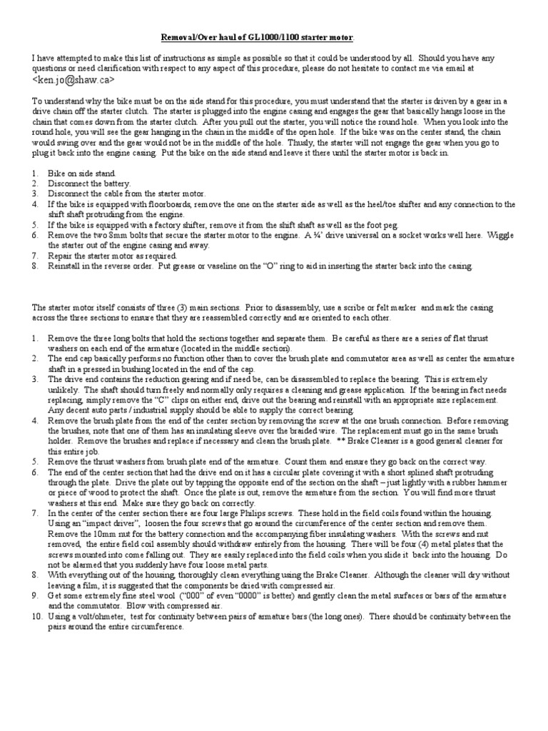 GL1000/1100 Starter Motor Repair Guide | PDF | Wire | Screw