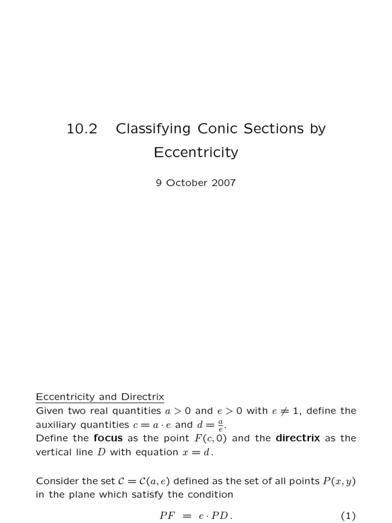 10.2 Classifying Conic Sections by Eccentricity: 9 October 2007 | PDF