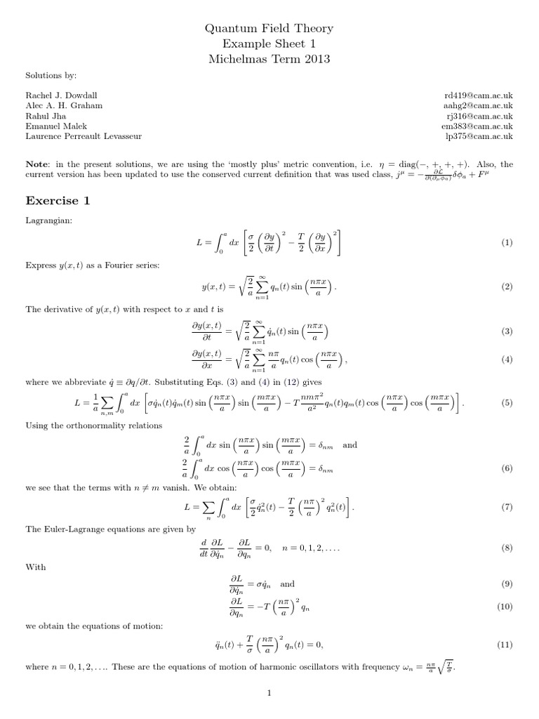 QFT Example Sheet 1 Solutions.pdf | Noether's Theorem | Algebra