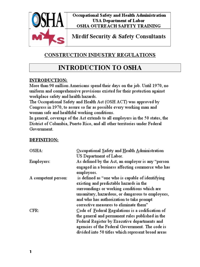 1-Introduction To OSHA | PDF | Occupational Safety And Health ...