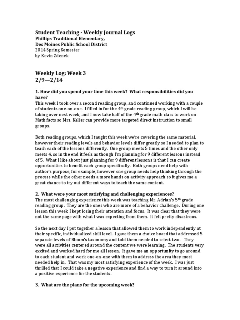 Weekly Student Teaching Reflective Journal | PDF | Special Education ...