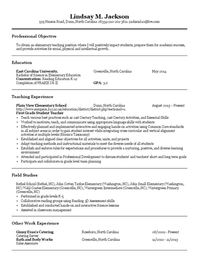 Lindsay M. Jackson - Elementary Teacher Resume | PDF