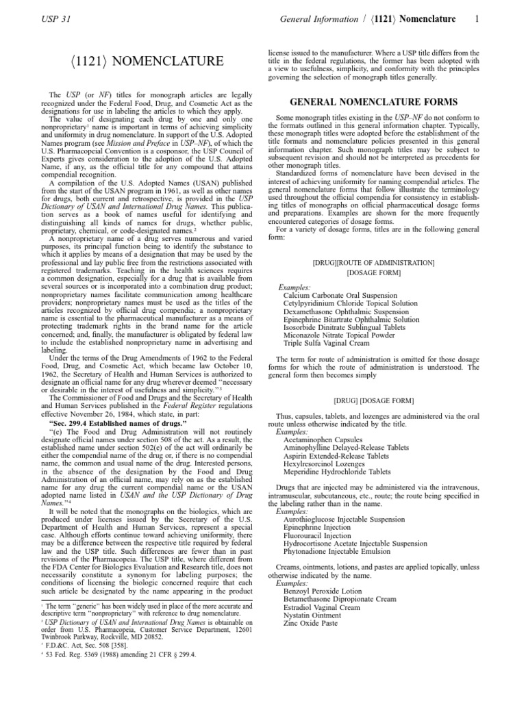 USP 31 General Information / H1121i Nomenclature | PDF | Topical ...