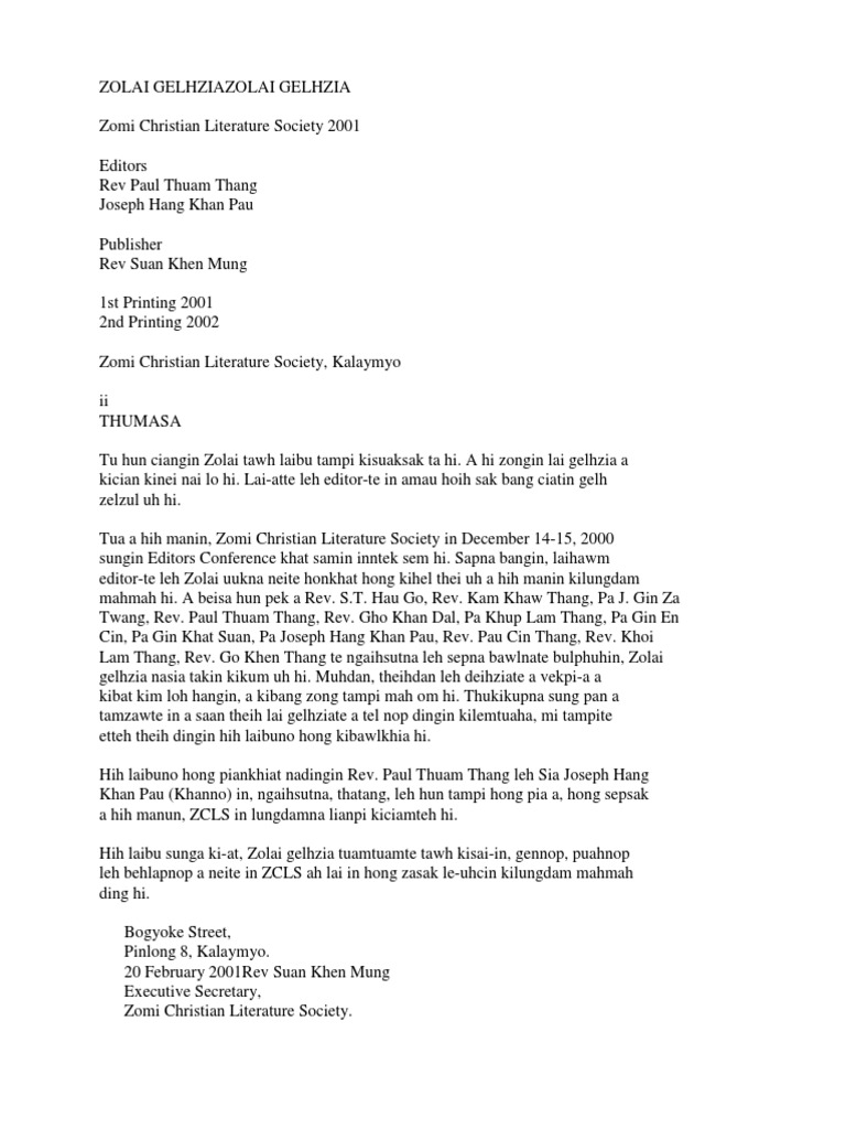 Zolai Gelhzia by Zomi Christian Literature Society 2001 | PDF ...