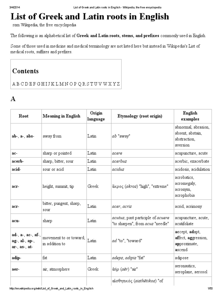List of Greek and Latin Roots in English - Wikipedia, The Free ...