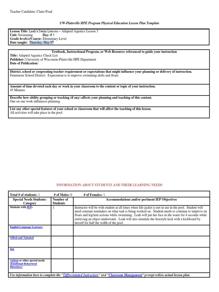 3 adapted aquatics lesson plan template 3 | Lesson Plan | Swimming (Sport)