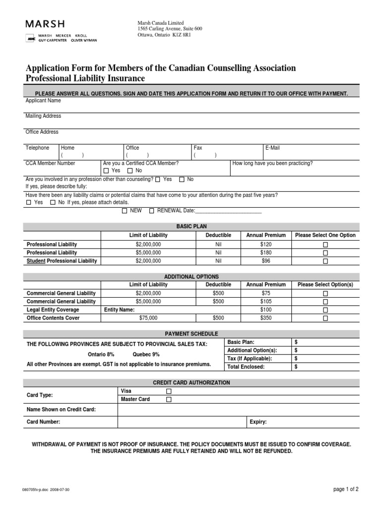 Marsh Pli Ccpa Form 2009 | Insurance | Financial Services