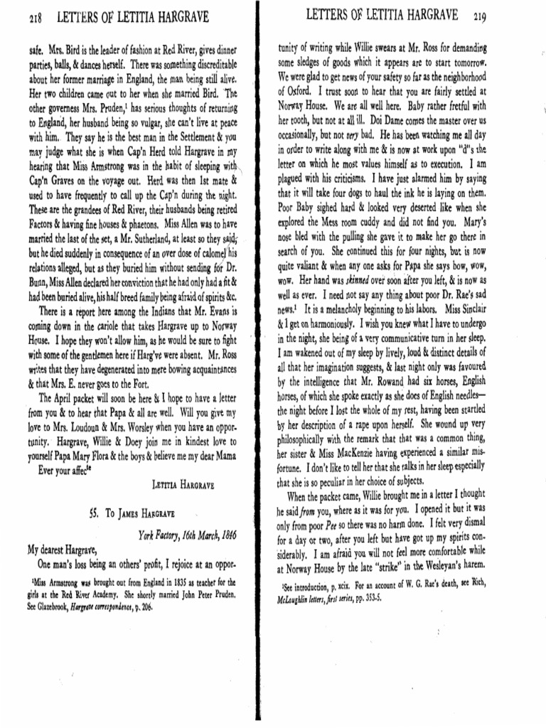 Letters of Letitia Hargrave | PDF