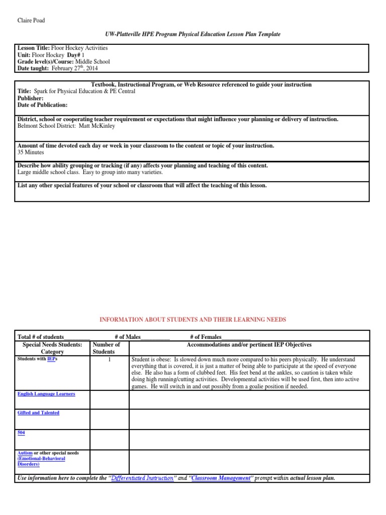 Floor Hockey Lesson Plan | PDF | Individualized Education Program ...
