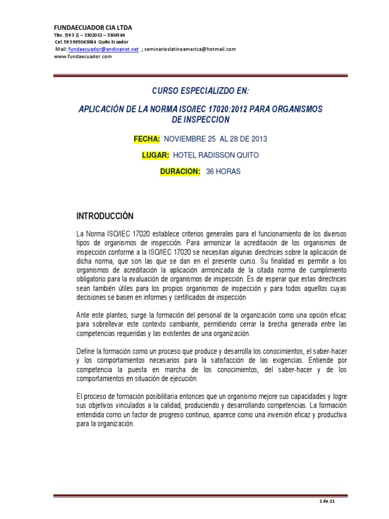 Curso ISO/IEC 17020:2012 en Quito | PDF | Calidad (comercial ...