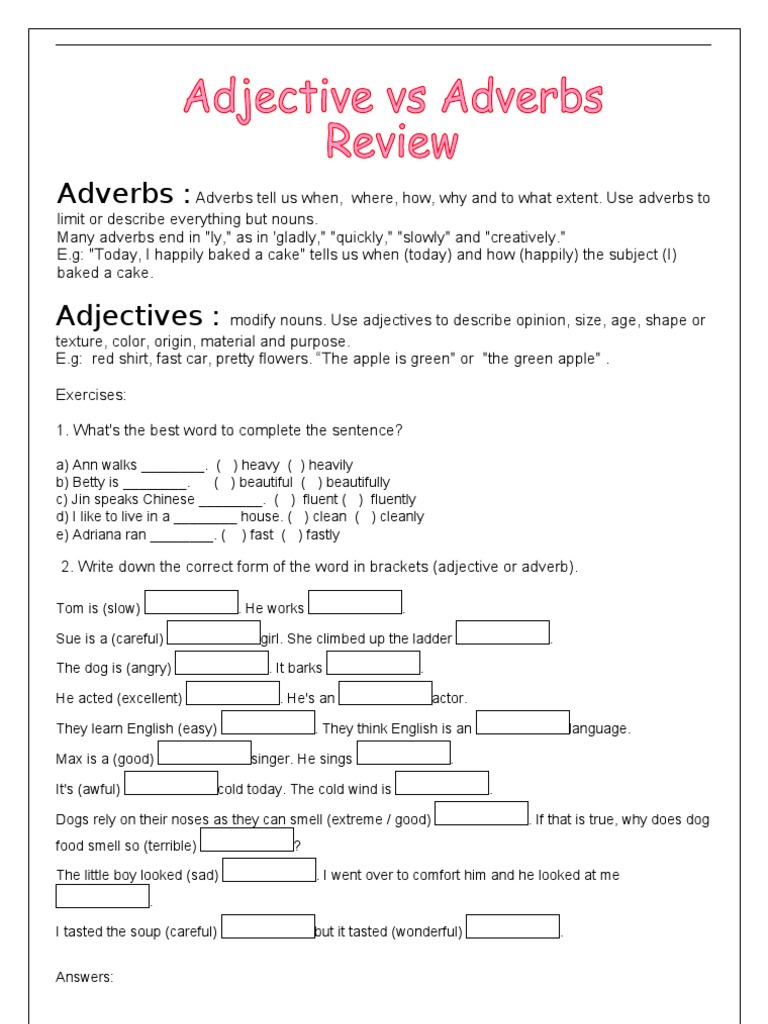 Adjectives X Adverbs Review | PDF | Adverb | Adjective