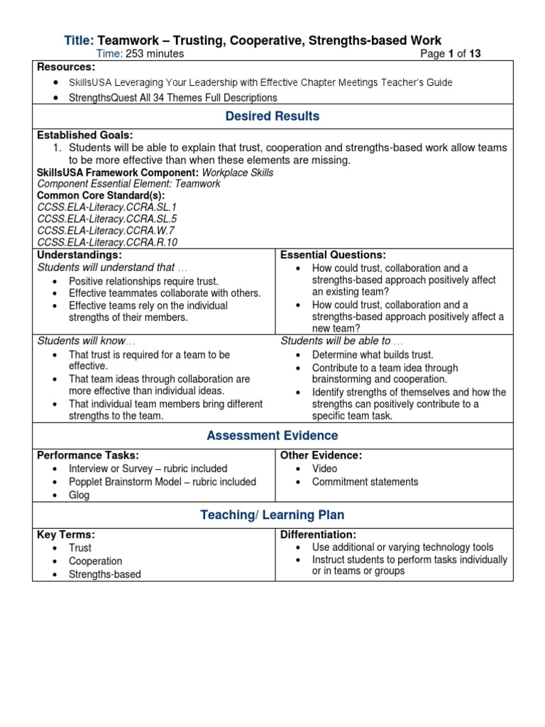 Teamwork Trusting Cooperative Strengths-Based Work | PDF | Survey ...